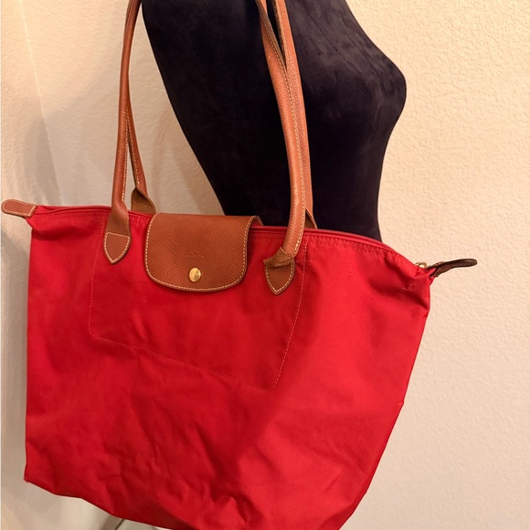 Longchamp | Bags | Longchamp Le Pliage Tote Bag Red Nylon Leather ...